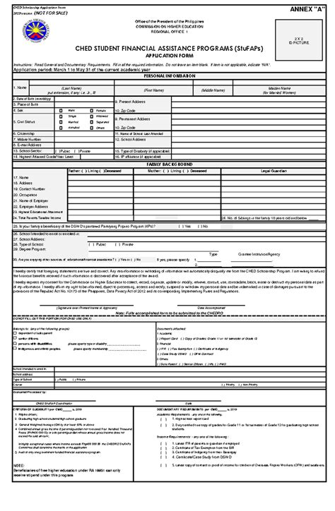 2019 Annex A Ched Stu Faps Application Form Female 10 Zip Code