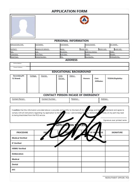 Pcg Recruitment Application Form 1 Pdf Philippines