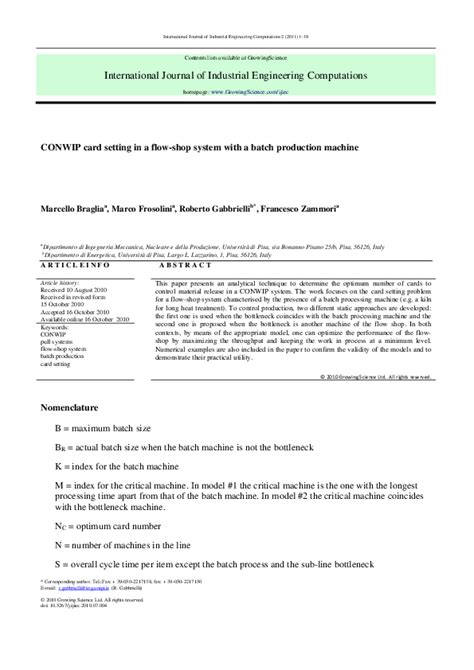 Pdf Conwip Card Setting In A Flow Shop System With A Batch Production Machine