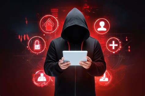 Premium Photo Hooded Man Hacker Finger Touch Tablet In Hand Double