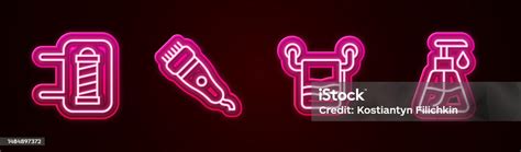 세트 라인 이발소 기둥 전기 머리 깎기 옷걸이에 수건 및 크림 화장품 튜브 빛나는 네온 아이콘입니다 벡터 건강 진단에 대한 스톡 벡터 아트 및 기타 이미지 Istock