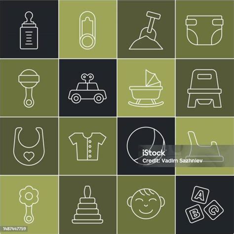 세트 라인 Abc 블록 아기 변기 모래와 삽이 있는 샌드박스 장난감 자동차 딸랑이 아기 장난감 병 및 유모차 아이콘 벡터 0명에 대한 스톡 벡터 아트 및 기타 이미지