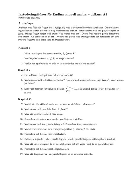 Instuderingsfrågor Endim Instuderingsfrågor För Endimensionell Analys