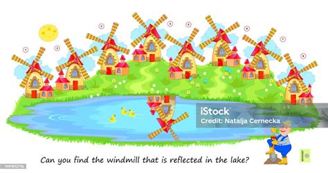 어린이와 성인을 위한 논리 퍼즐 게임 호수에 반사된 풍차를 찾을 수 있습니까 수수께끼 책 페이지입니다 아이들의 공간적 사고를 개발합니다 세심함을위한 작업 벡터 이미지입니다