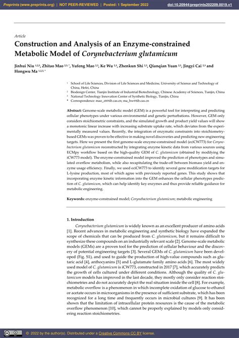 Pdf Construction And Analysis Of An Enzyme‐constrained Metabolic