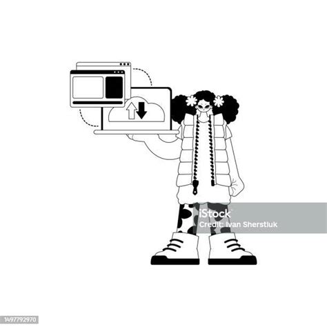 데이텀을 동기화하는 브라우저를 사용하는 여자 아이입니다 클라우드 리포지토리 시작 흑백 조상 작품 트렌디한 스타일 벡터 일러스트레이션 검은색에 대한 스톡 벡터 아트 및 기타