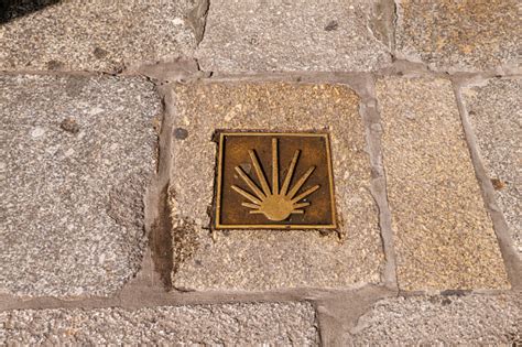 가리비 껍질은 스페인의 성 야고보 길의 순례길을 표시합니다 여기서 푯말은 포장도로의 슬래브입니다 살라망카의 카미노 비아 데 라 플라타 에서 본 0명에 대한 스톡 사진 및