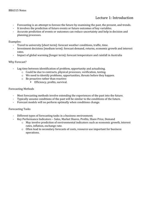 Business Forecasting Exam Notes Bba315 Business Forecasting Mq Thinkswap