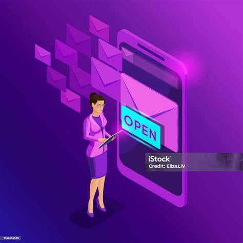 아이소메트릭 여성 봐 이메일 받은 편지함 전자 스마트폰 통신입니다 전자 메일 마케팅 메시지를 받는입니다 받은 편지함 이메일 그래프에 대한 스톡 벡터 아트 및 기타 이미지