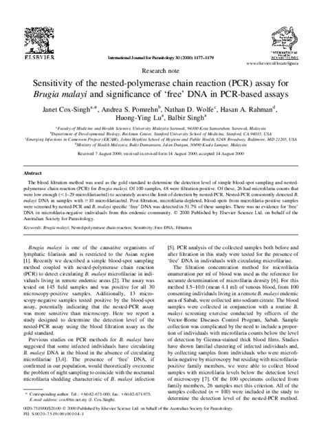 Pdf Sensitivity Of The Nested Polymerase Chain Reaction Pcr Assay For Brugia Malayi And