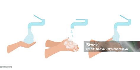 수돗물에서 비누와 물로 손을 씻는 단계 위생 절차 아이콘 설정 세계 손씻기 의 날 흰색으로 격리된 플랫 디자인의 벡터 일러스트레이션입니다 손 씻기에 대한 스톡 벡터 아트 및