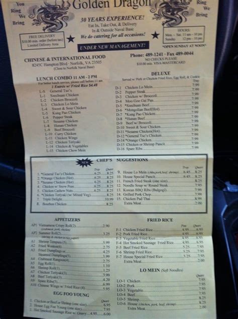 Menu At Golden Dragon Chinese Restaurant Norfolk Hampton Blvd C