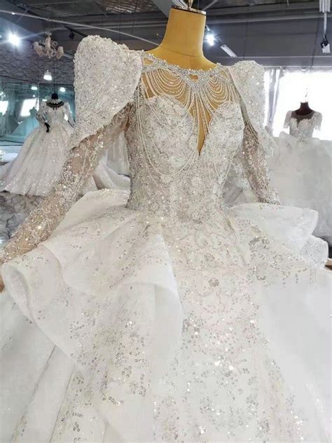 Wedding Dresses With Crystals Beading Long Sleeve Ball Gown