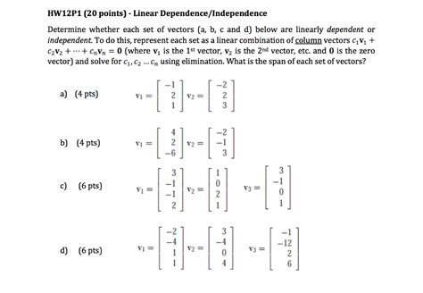 Solved Hw12p1 20 Points Linear Dependenceindependence