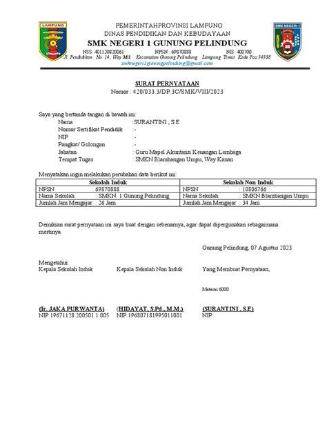 Surat Pernyataan Ptk Pindah Penugasan Induk Atau Non Induk 2023 1 Pdf