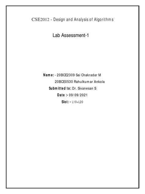 Cse2012 Lab Assignment 1 Pdf Time Complexity Computing