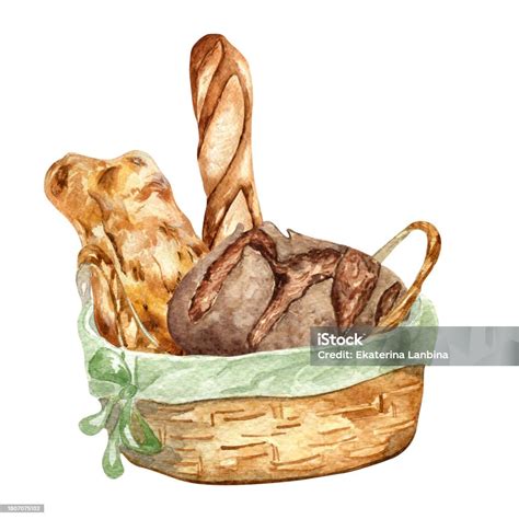 밀짚 바구니에 있는 다양한 빵 흰색 배경에 고립된 수채화 그림 빵집을 위한 Ciabatta의 손으로 그린 구성 그린 호밀 빵 디자인 베이크샵 간판을 위한 요소 바게트에 대한