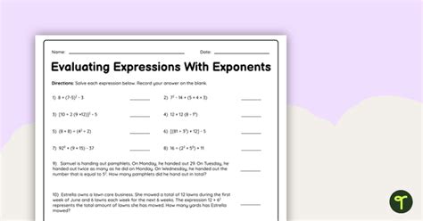 Evaluating Expressions With Exponents Worksheet Teach Starter