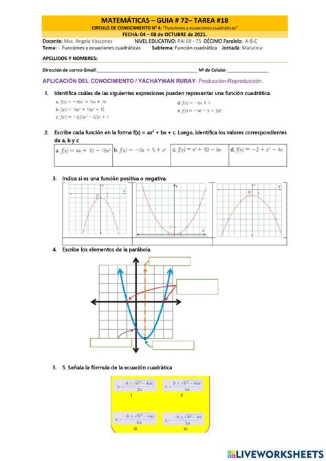 Función Cuadrática Activity For Décimo Live Worksheets