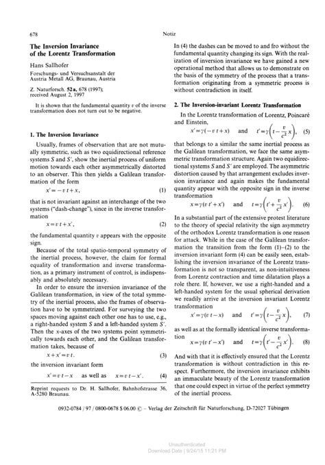 Pdf The Inversion Invariance Of The Lorentz Transformation