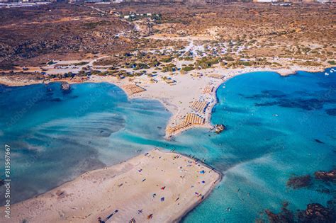 Aerial View Of Beautiful Tropical Elafonissi Beach With Pink Sand View