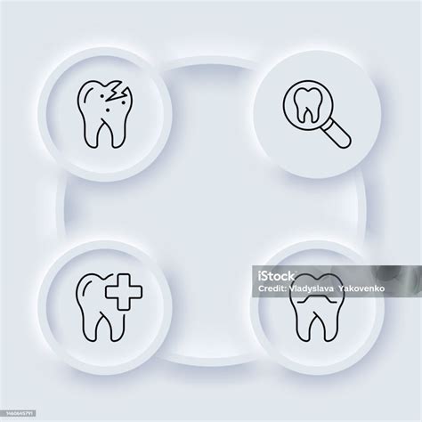 치과 세트 아이콘입니다 치아 주사 마취 뿌리 잇몸 입 법랑질 인공 사지 의사 치과 의사 엑스레이 보철물 검사 치료 의학 건강 관리 개념입니다 신형성 건강관리와 의술에 대한