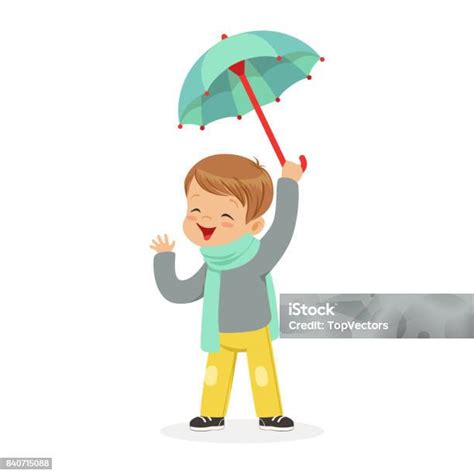 귀여운 소년 비 만화 벡터 일러스트 레이 션에서 우산을 들고 걷기에 대한 스톡 벡터 아트 및 기타 이미지 걷기 고무 귀여운 Istock