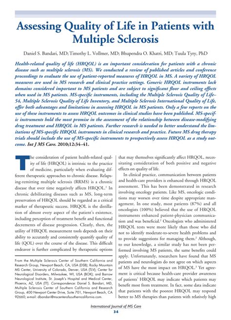 Pdf Assessing Quality Of Life In Patients With Multiple Sclerosis