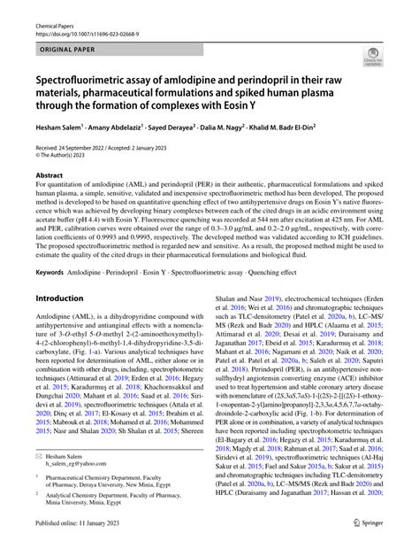 Pdf Spectrofluorimetric Assay Of Amlodipine And Perindopril In Their Raw Materials