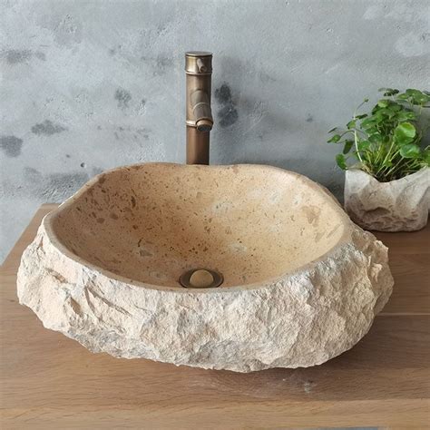 Rough Beige Travertine Marble Stone Big Bathroom Wash Basin Sink