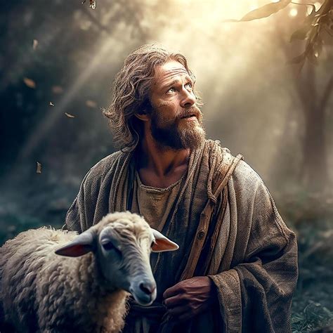 The Good Shepherd Jesus Christ With A Innocent Sheep Watches From The