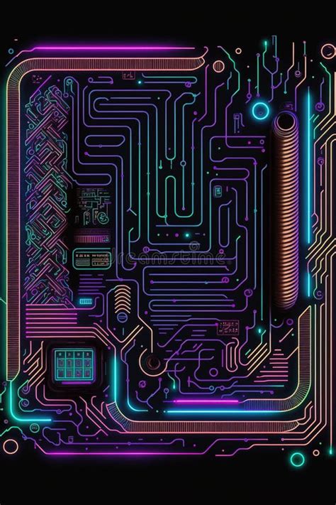 Image Of Computer Circuit Board And Purple Light Trails On Dark Background Stock Illustration