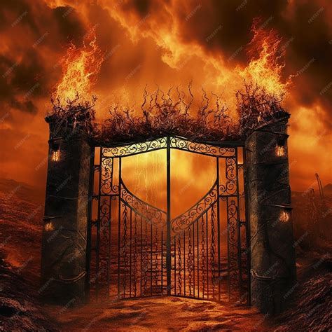 Premium Ai Image Gates To Hell High Iron Gates And Huge Hellish Flames Behind Them Scary