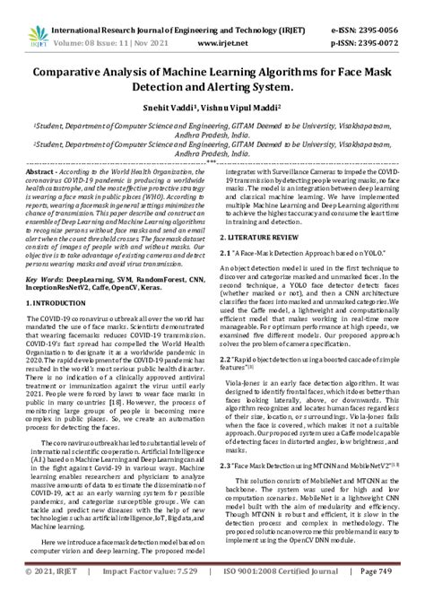 Pdf Comparative Analysis Of Machine Learning Algorithms For Face Mask Detection And Alerting