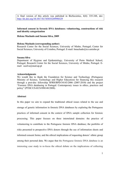 Pdf Informed Consent In Forensic Dna Databases Volunteering Constructions Of Risk And