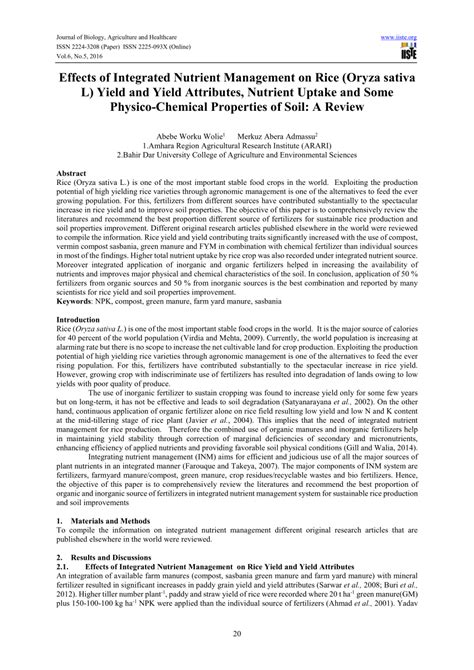 Pdf Effects Of Integrated Nutrient Management On Rice Oryza Sativa L Yield And Yield
