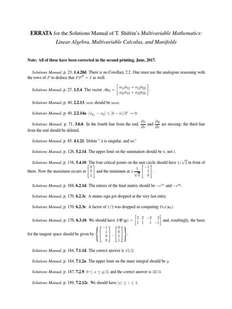 errata for the solutions manual of t shifrin s multivariable mathematics pdf abstract