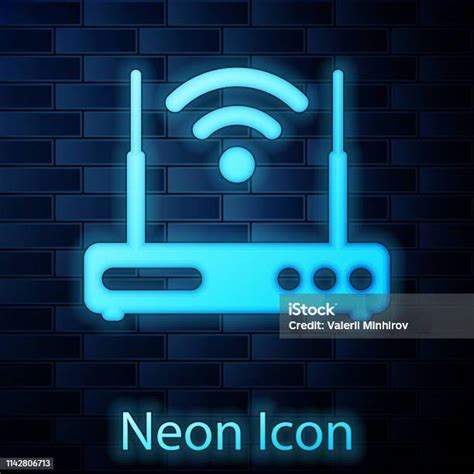 네온 라우터 및 Wifi 신호 기호 아이콘 벽돌 벽 배경에 고립 빛나는 무선 이더넷 모뎀 라우터 컴퓨터 기술 인터넷 벡터 일러스트 0명에 대한 스톡 벡터 아트 및 기타