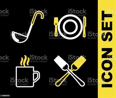 세트 라인 접시 포크와 나이프 교차 커피 컵과 주방 국자 아이콘 벡터 그릇에 대한 스톡 벡터 아트 및 기타 이미지 그릇 다중 색상 등고선 Istock