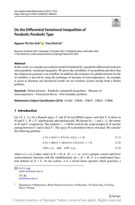 On The Differential Variational Inequalities Of Parabolic Parabolic Type Request Pdf