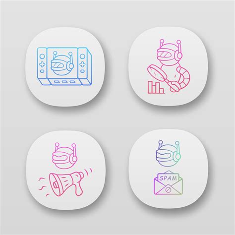 web robots app icons set game propaganda monitoring spam bot