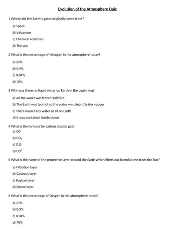 Evolution Of The Atmosphere Multiple Choice Quiz With Answers Teaching Resources