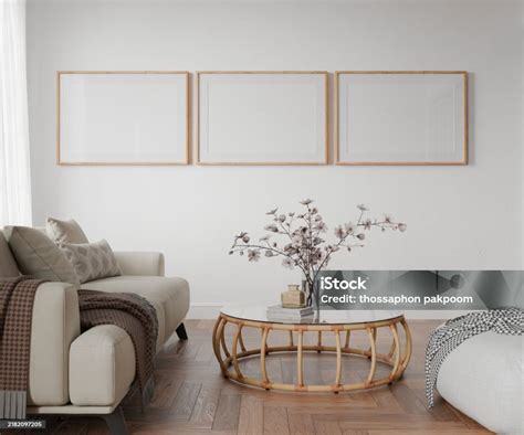 프레임 인테리어 모형 프레임 포스터 나무 거실 빈 그림 일러스트 3d 렌더링에서 3 개의 수평 프레임 인테리어 0명에 대한 스톡 사진 및 기타 이미지 Istock