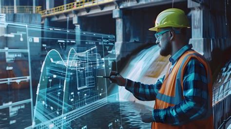 Engineers Designing A Digital Blueprint For A Hydroelectric Dam Infrastructure Project Premium