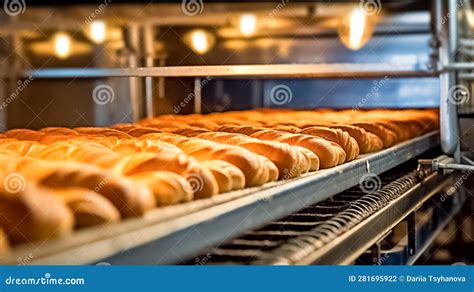 loafs of bread in a bakery on an automated conveyor belt production