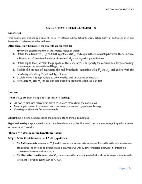 Module 9 Psychological Statistics PSYCHOLOGICAL STATISTICS Module 9 PSYCHOLOGICAL STATISTICS