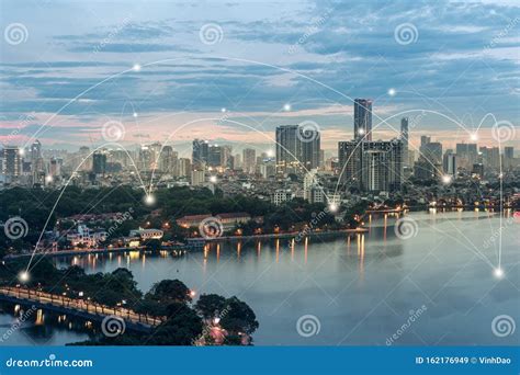 Smart City And Wireless Communication Network Concept Digital Network Connection Lines Of Hanoi