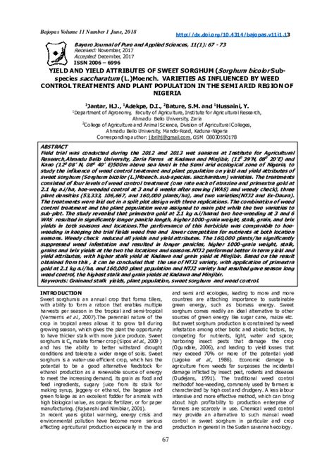 Pdf Yield And Yield Attributes Of Sweet Sorghum Sorghum Bicolor Subspecies Saccharatum L