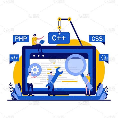 带有微小字符的web开发概念。团队开发人员建立一个网站，并创建代码编程语言，程序员工作编码平面插图。素材 花瓣网