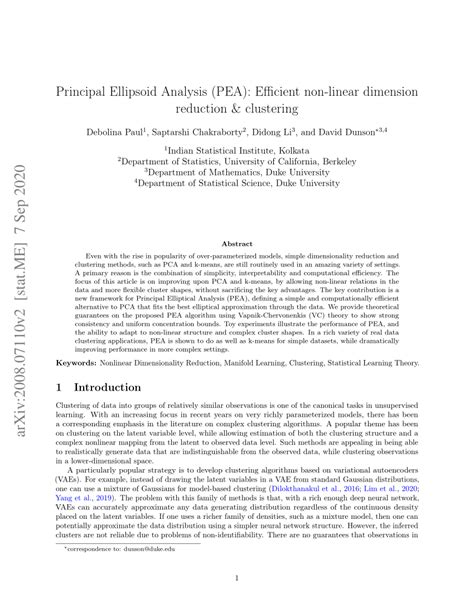Pdf Principal Ellipsoid Analysis Pea Efficient Non Linear Dimension Reduction And Clustering